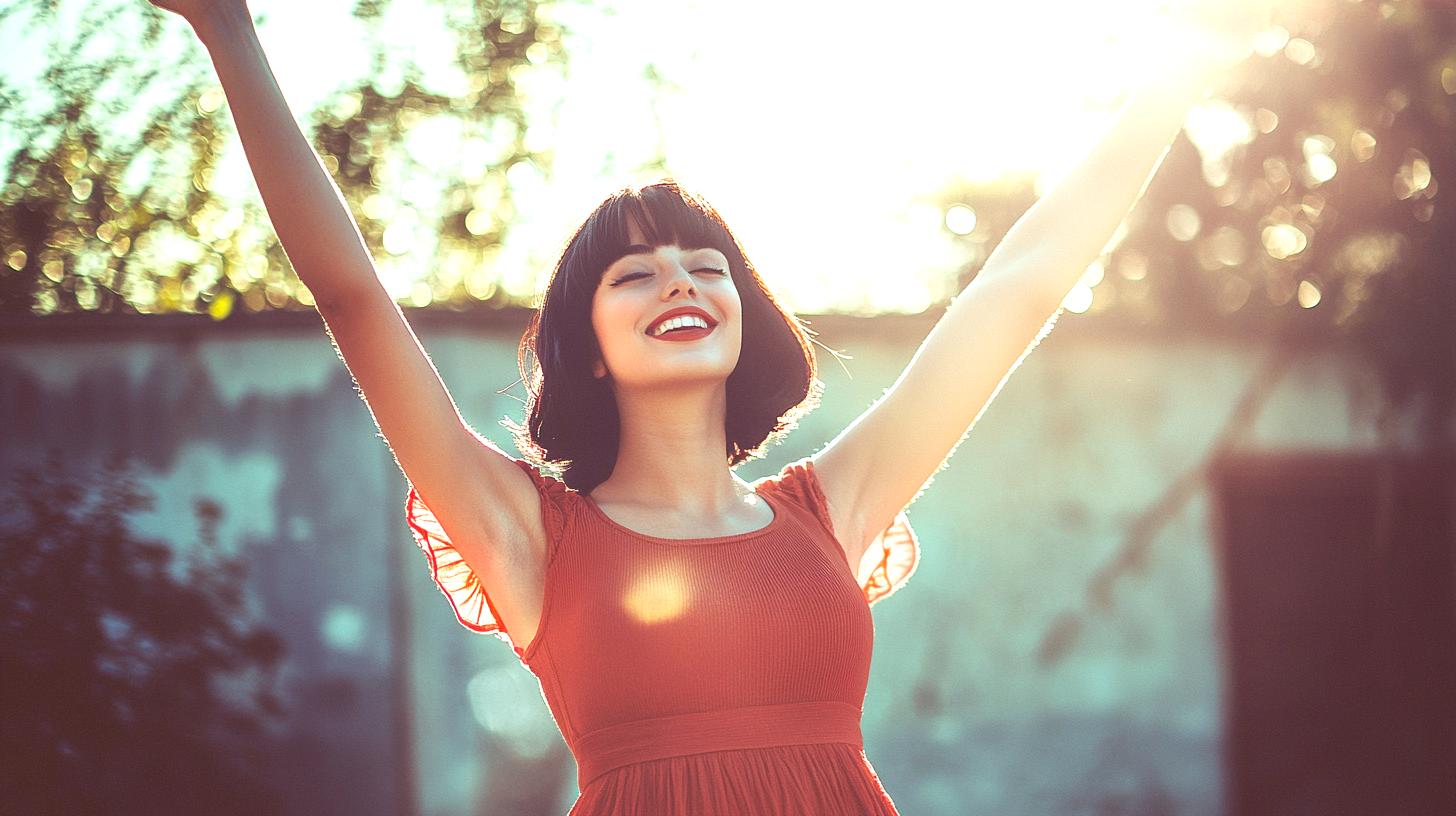喜びにあふれる赤いワンピースの女性 | フリー素材 | Pic+Mucho