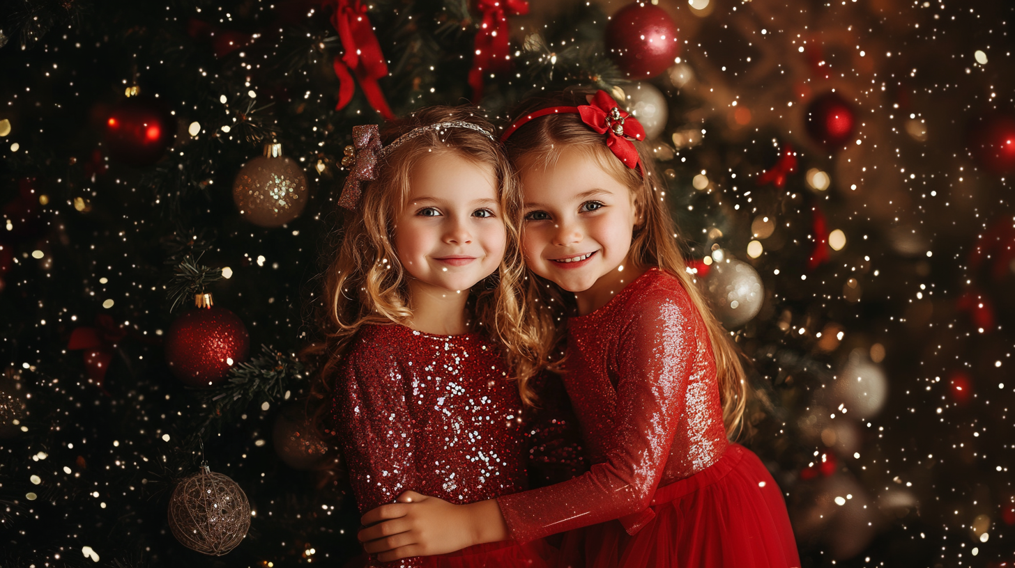 クリスマスツリーと赤いドレスの子供たち | フリー素材 | Pic+Mucho